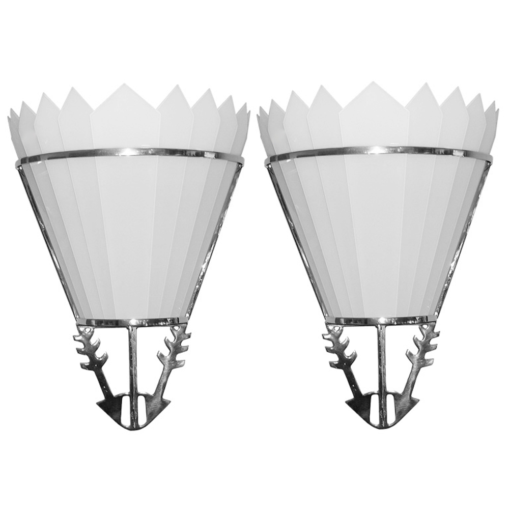 American Art Deco Theater Sconces with White Glass Pair | TFTM Melrose