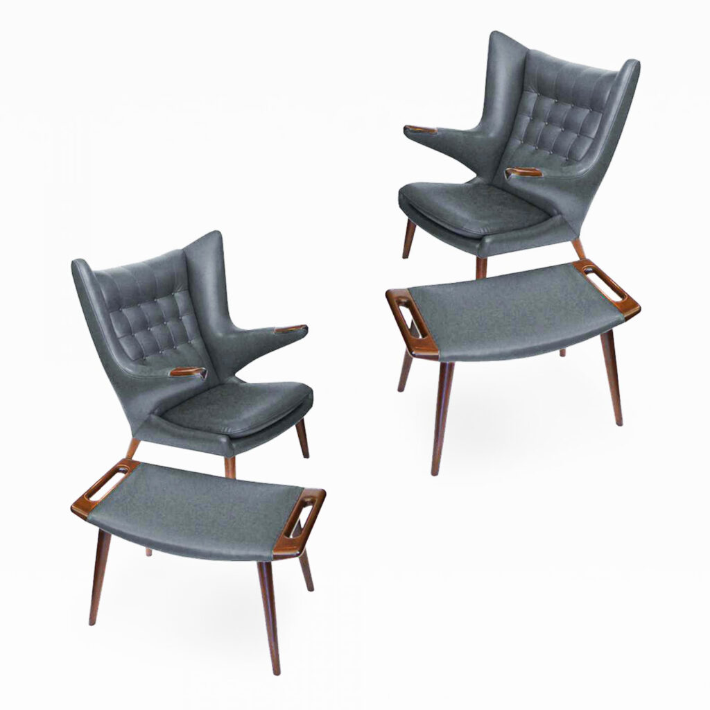 Early Hans Wegner Papa Bear Chairs / Ottomans in Slate Leather Pr ...